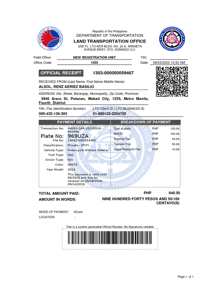 Plate No: 969UZA: Official Receipt | PDF