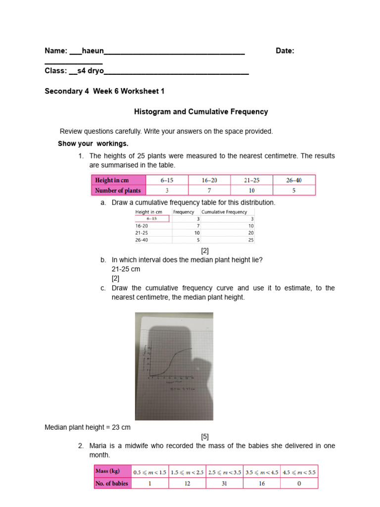 2 Worksheet 1 - Histogram and Cumulative Frequency | PDF | Histogram