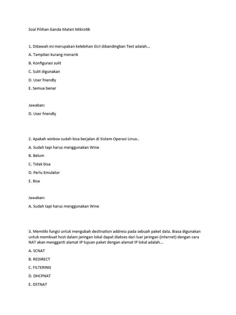 Soal Pilihan Ganda Materi Mikrotik | PDF | Komputer