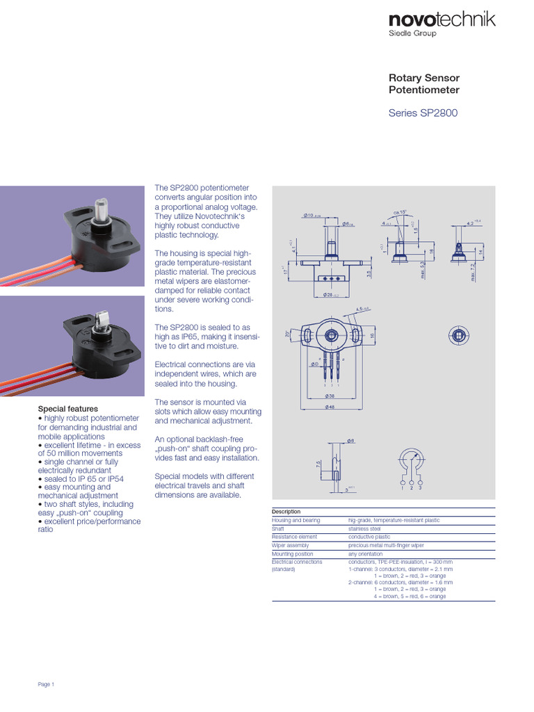 Novotechnik SP2800 Spec Sheet | PDF | Electrical Conductor | Screw