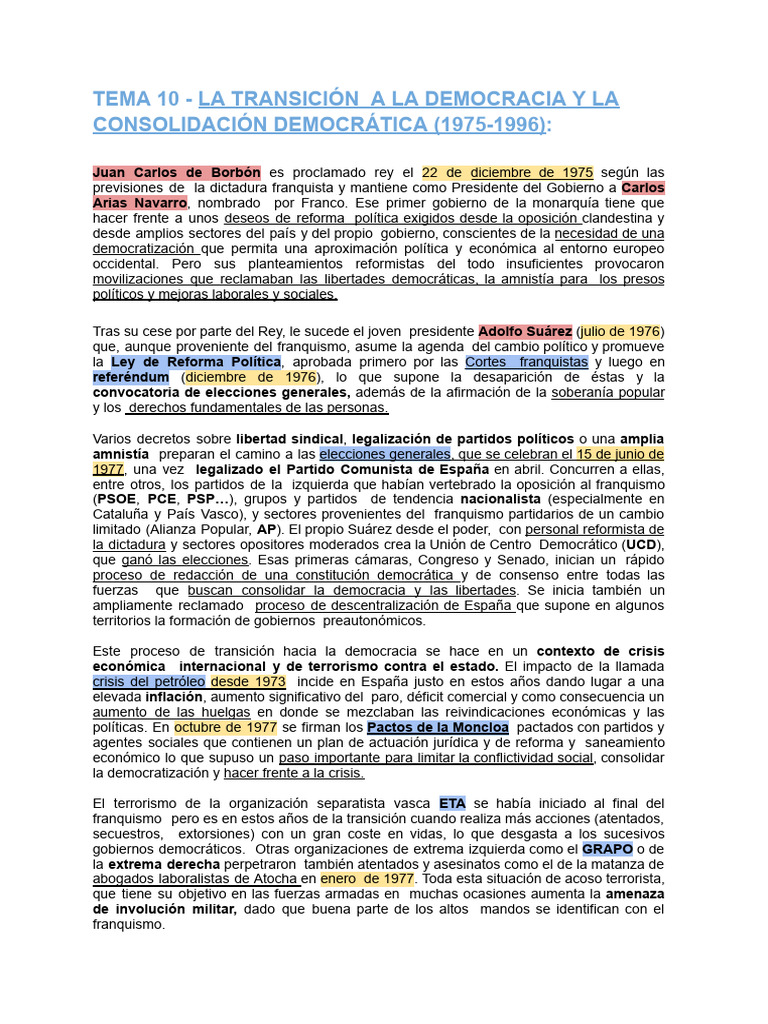Tema 10 - La Transición A La Democracia y La Consolidación Democrática ...