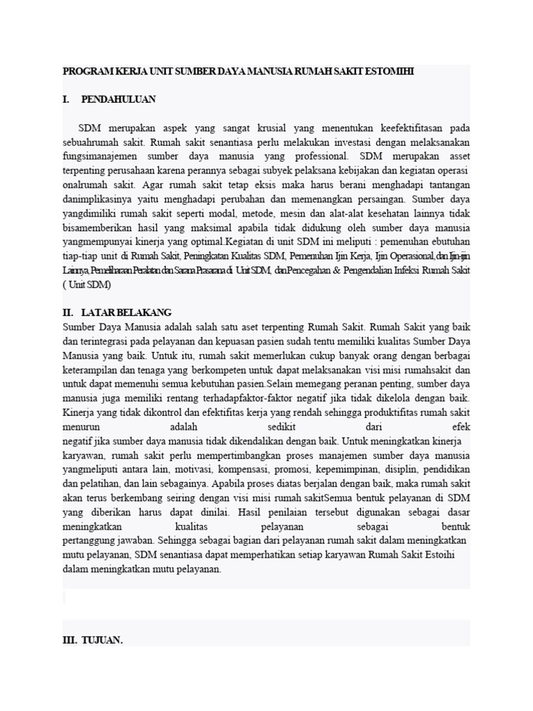 Program Kerja Unit Sumber Daya Manusia Rumah Sakit Estomihi | PDF