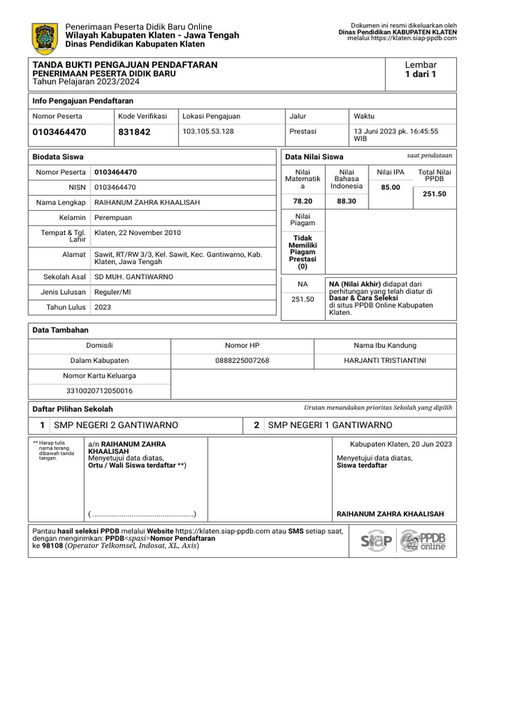 Tanda Bukti Pengajuan Pendaftaran - 0103464470 - RAIHANUM ZAHRA KHAALISAH | PDF