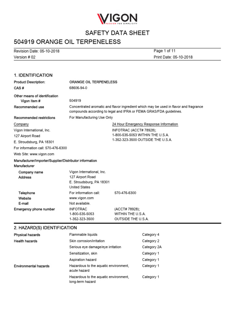 Orange Oil Terpeneless SDS | PDF