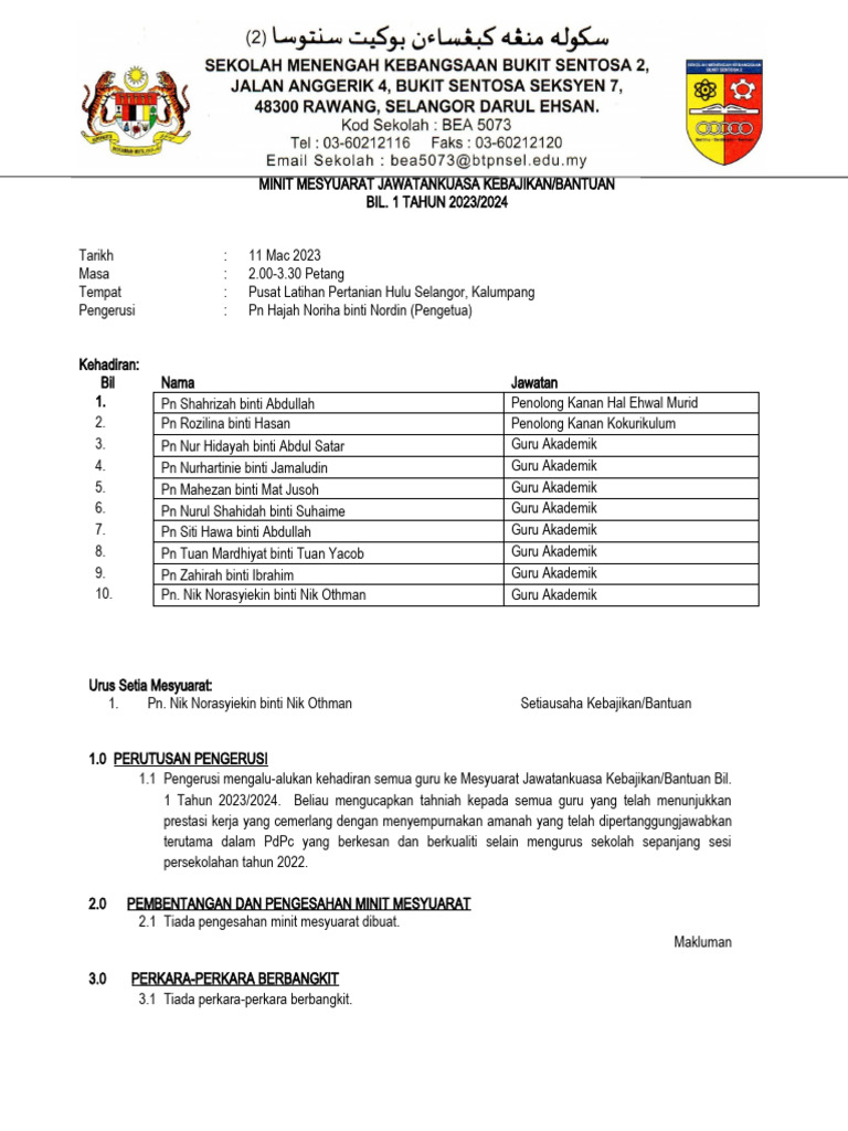 Minit Mesyuarat Kebajikan Bil 1 2023 | PDF