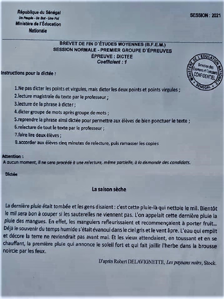 BFEM 2021 Épreuve de Dictée, Sénégal | PDF BFEM 2021 Épreuve de Dictée, Sénégal | PDF