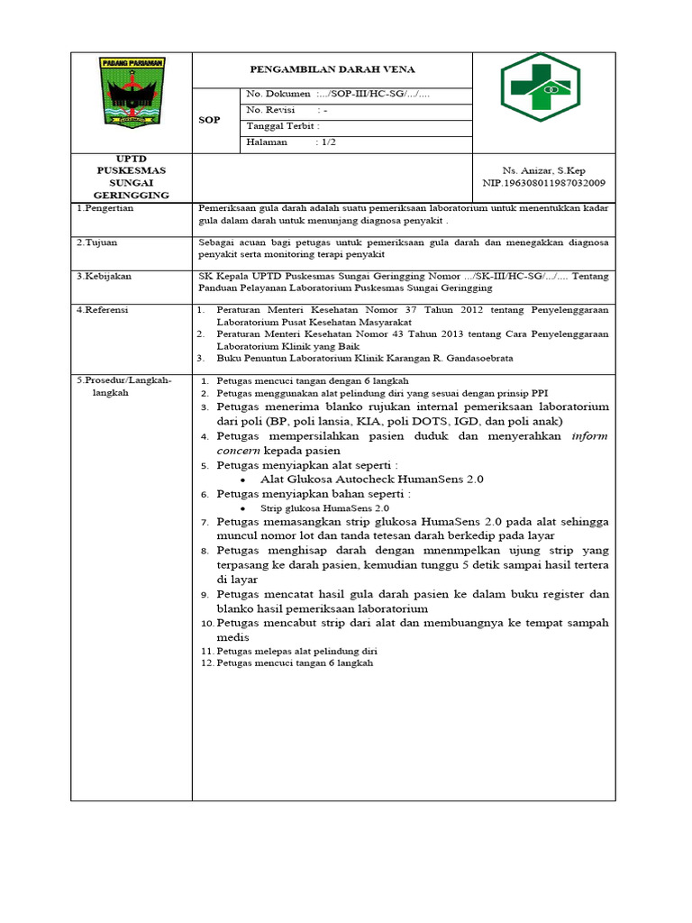Sop Pemeriksaan Gula Darah Poct | PDF | Sains & Matematika
