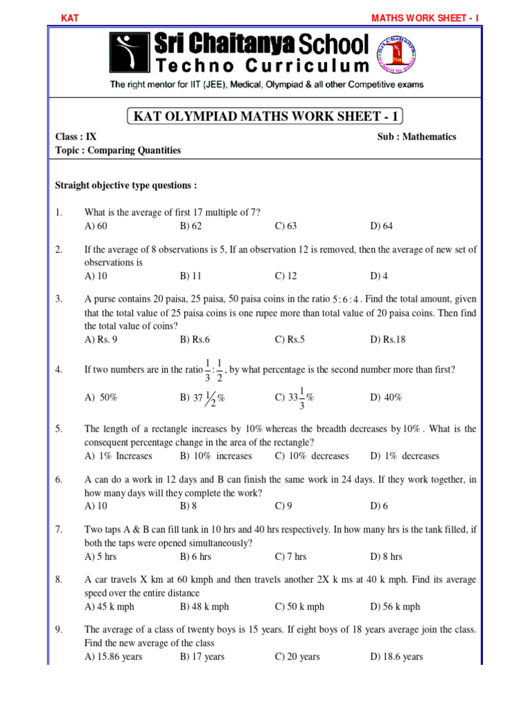 1.IX - Class Maths KAT Work Sheet - 1 - Comparing Quantities | PDF ...