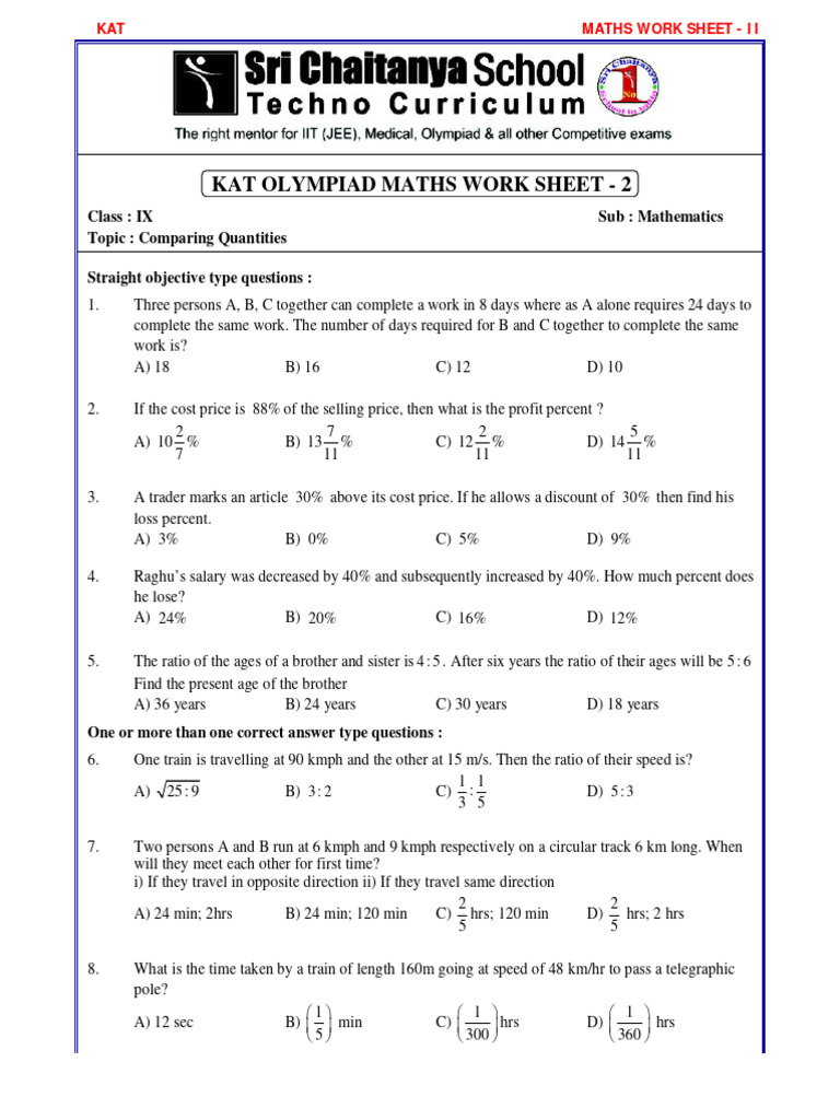 2.IX - Class Maths KAT Work Sheet - 2 - Comparing Quantities | PDF ...