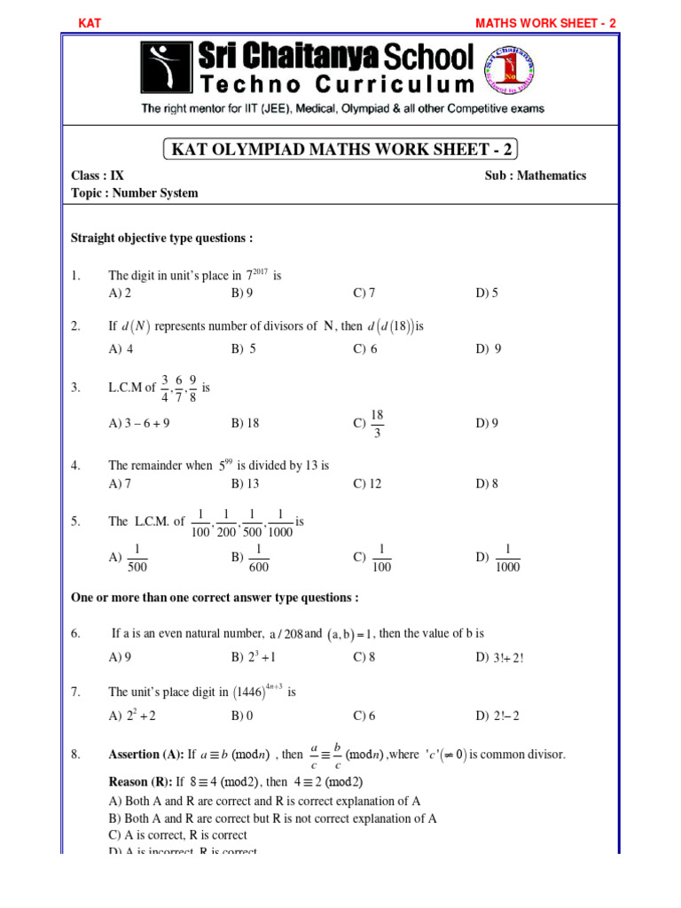 IX Class Maths Worksheet on Number System | PDF
