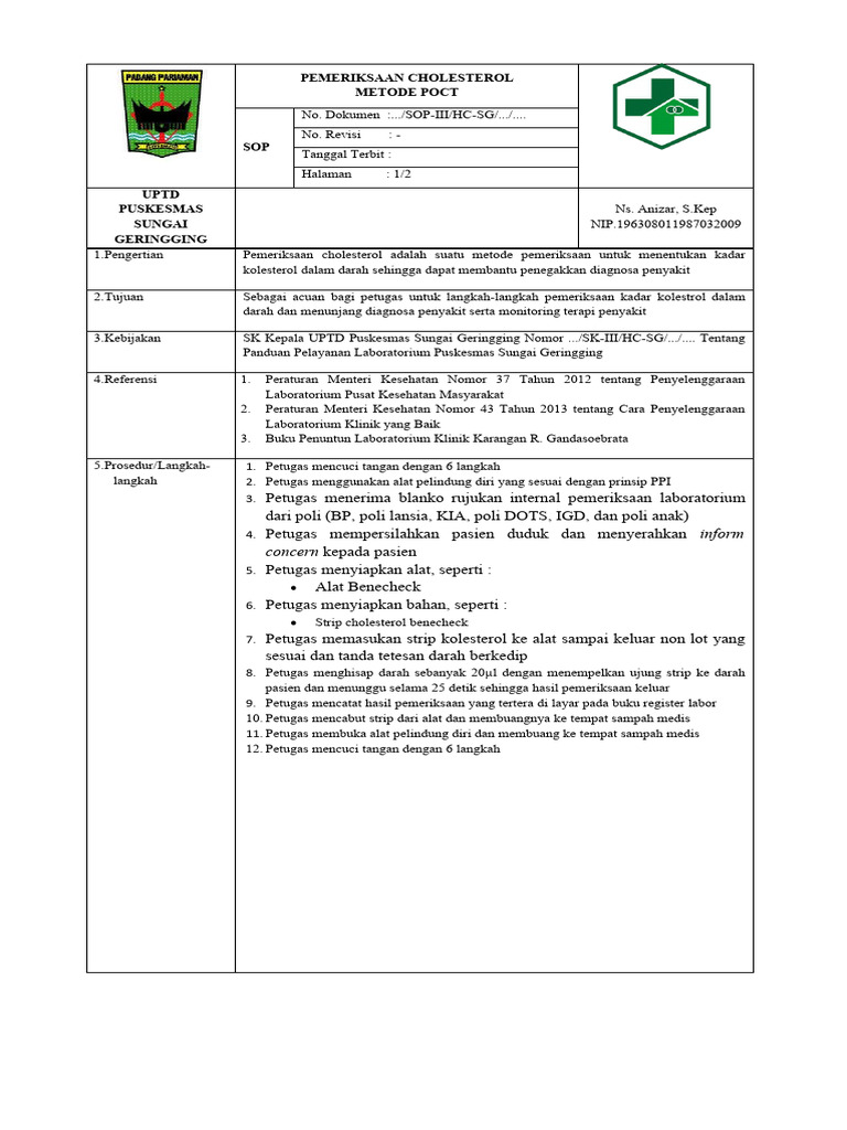 Sop Pemeriksaan Cholesterol Poct | PDF