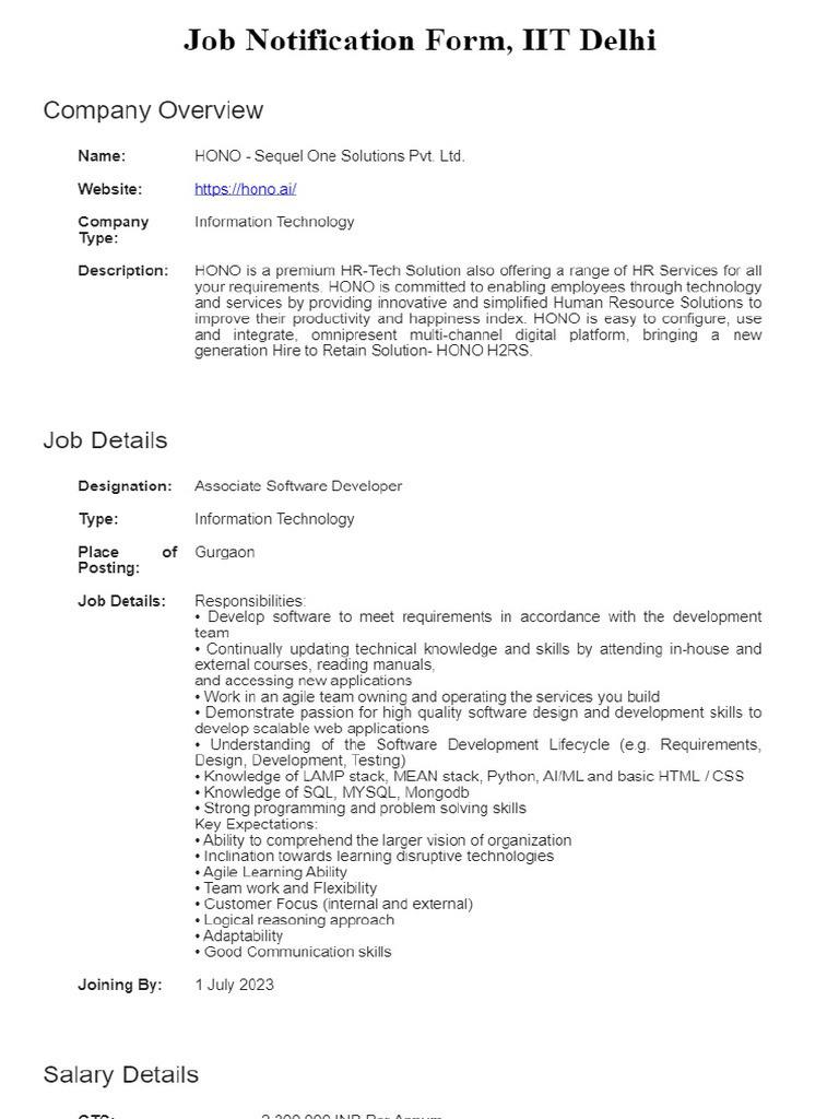 HONO - Sequel One Solutions Pvt. Ltd. (Associate Software Developer) | PDF