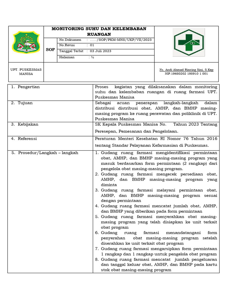 SOP Monitoring Suhu & Kelembaban | PDF