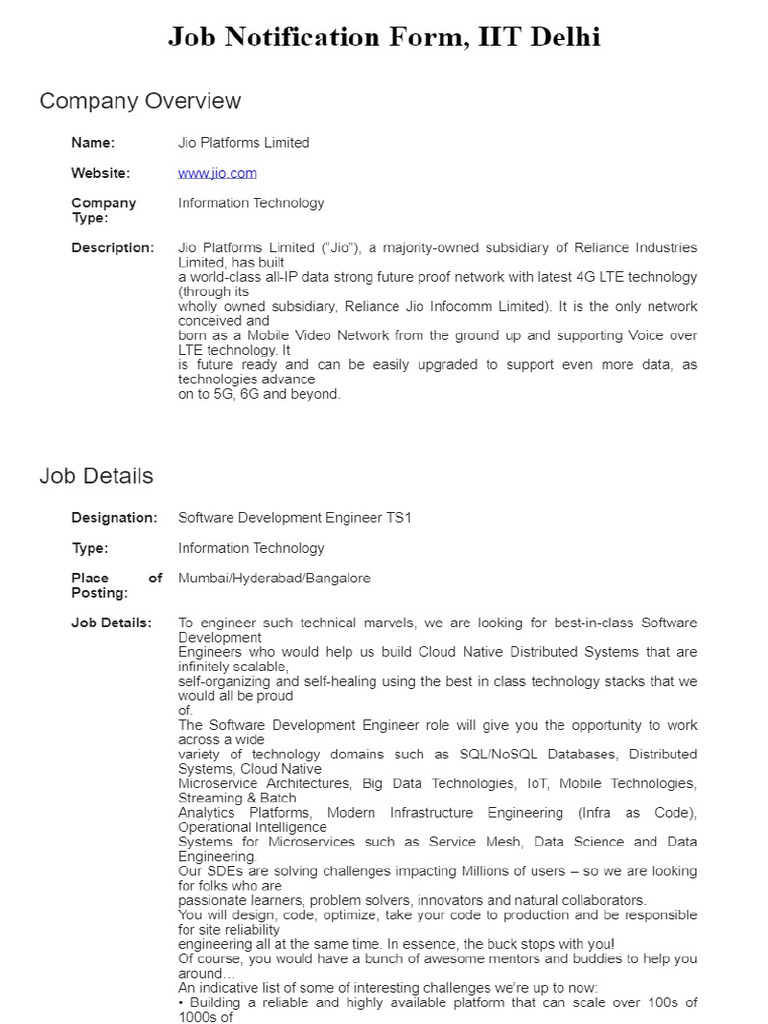 Jio Platforms Limited (Software Development Engineer TS1) | PDF