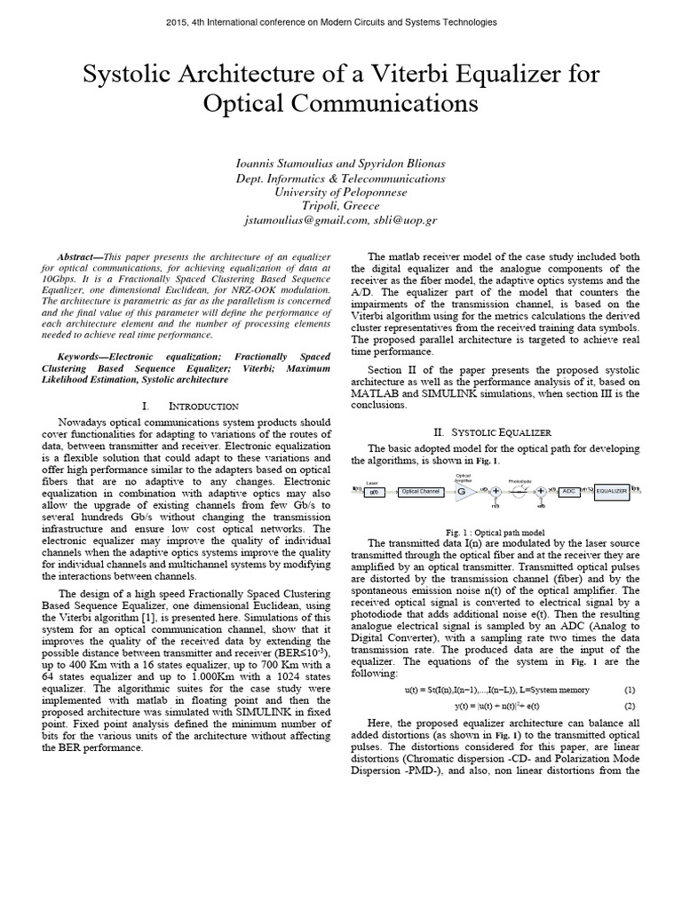 Systolic Architecture Of A Viterbi Equalizer For Optical Communications Download Free Pdf