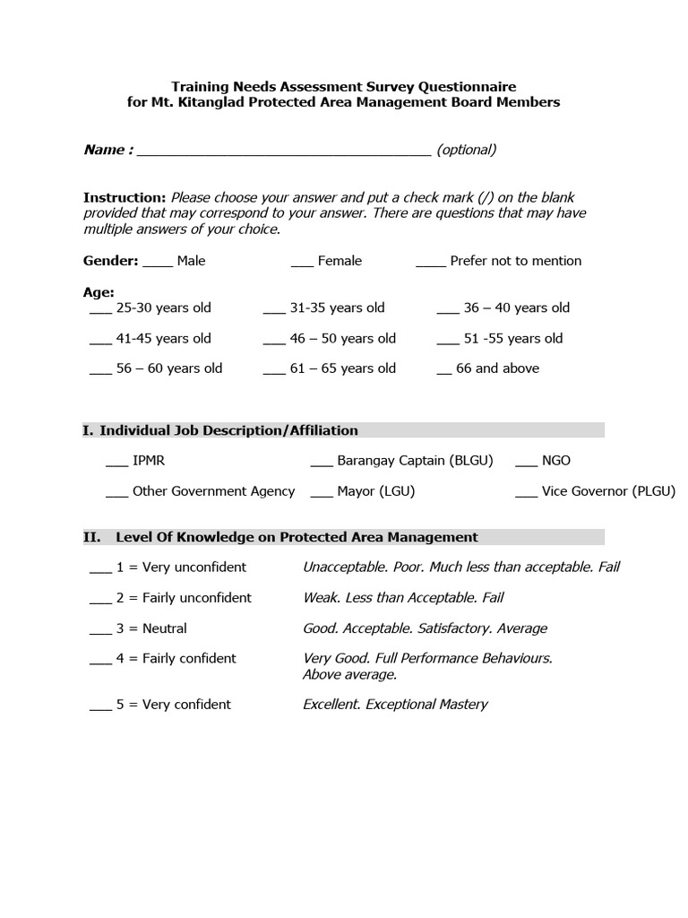 Training Needs Assessment Survey Questionnaire | PDF | Cognition ...