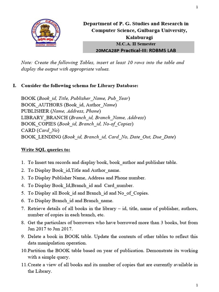 20MCA28P Practical III RDBMS LAB | PDF | Relational Database | Databases