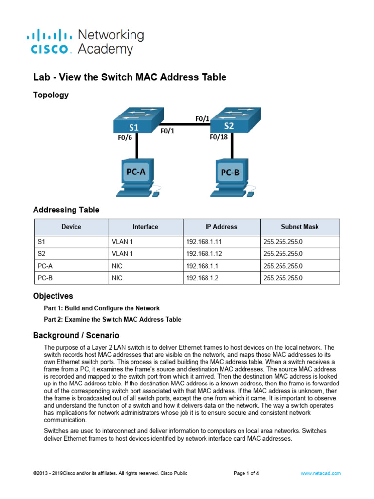 Lab - View The Switch MAC Address Table: Topology | PDF | Network ...