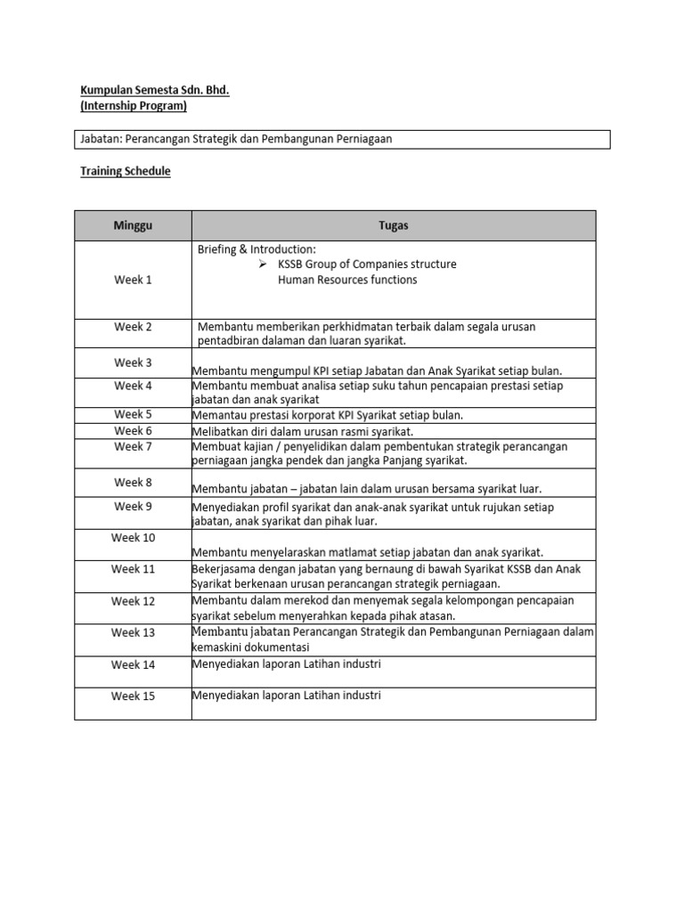 INTERNSHIP SCHEDULE Perancangan Strategik Dan Pembangunan Perniagaan | PDF
