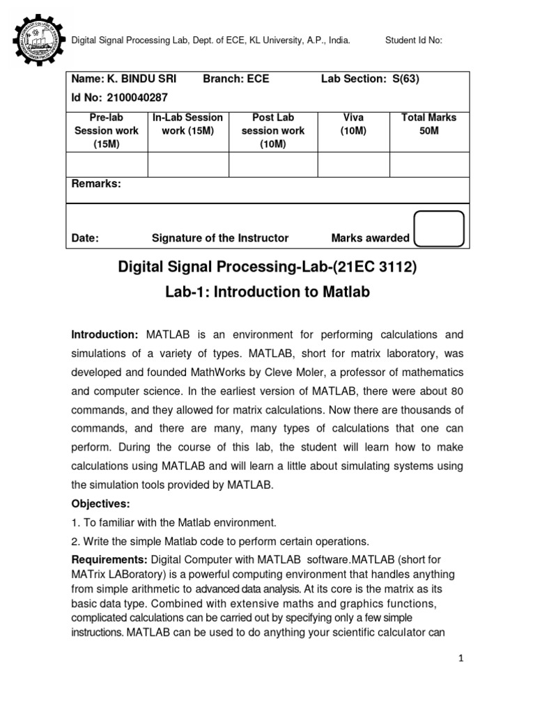 DSP LAB DOC (Sur) | PDF | Matrix (Mathematics) | Matlab