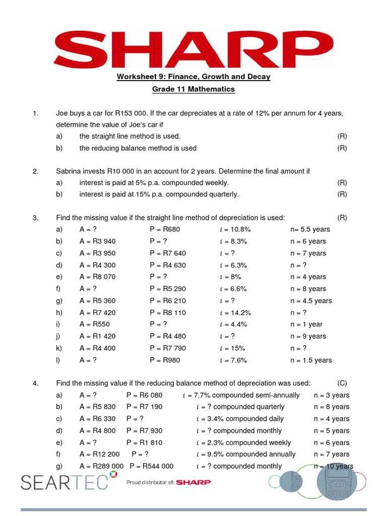 Worksheet 9 Finance Growth and Decay Grade 11 Mathematics | PDF ...
