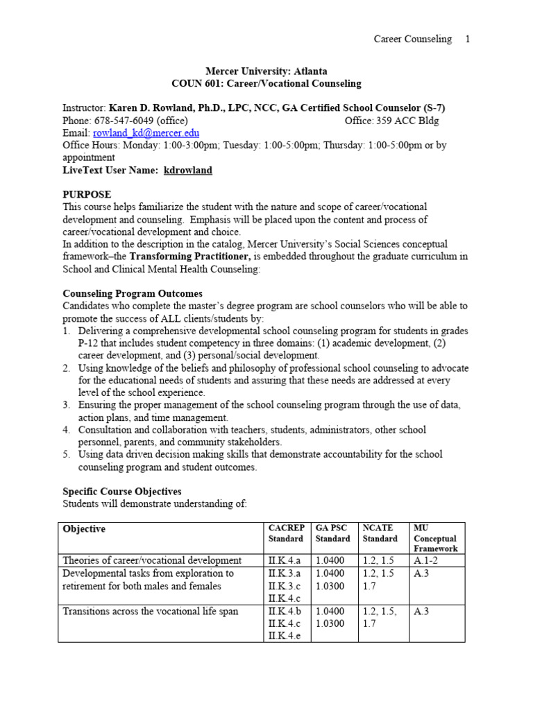 Coun601 Career Counseling Pdf Counseling Psychology School Counselor