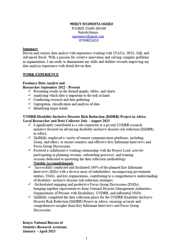 Mercy Nyamoita Ogero Curriculum Vitae Updated | PDF | Data | Focus Group