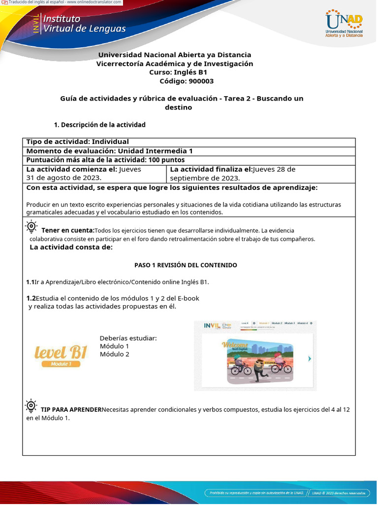 Activities Guide And Evaluation Rubric Unit 1 Task 2 Looking For A Destination En Es Pdf