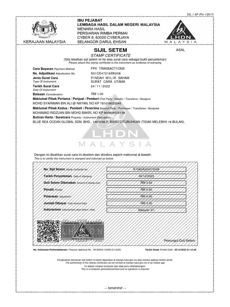 Sijil Setem-Blue Sea Ocean Global SB | PDF