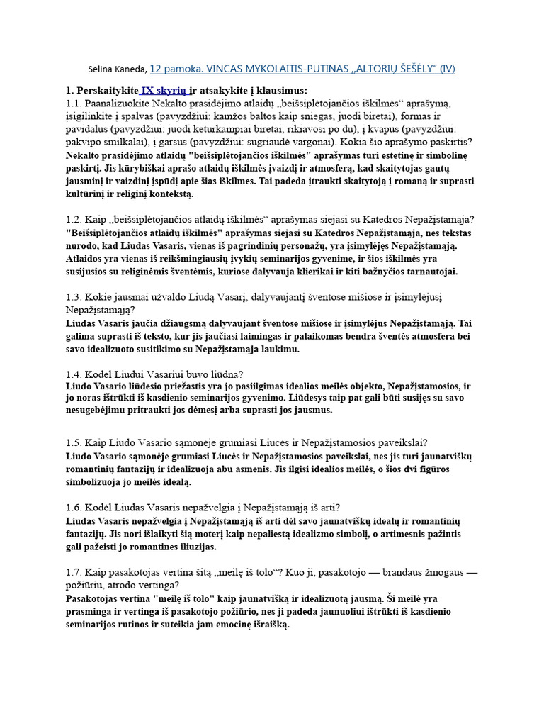 12 Pamoka. Vincas Mykolaitis-Putinas ,,altorių Šešėly" (IV) | PDF