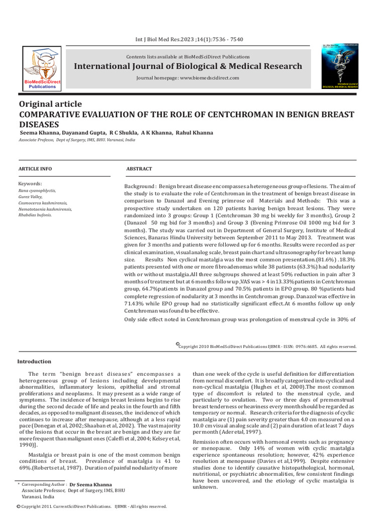 Comparative Evaluation of The Role of Centchroman in Benign Breast | PDF