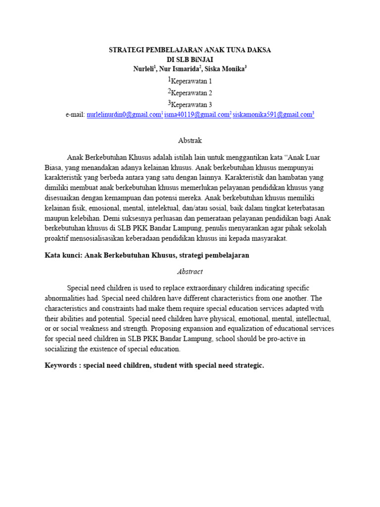 JURNAL Strategi Pembelajaran Anak Tuna Daksa NURLELI | PDF