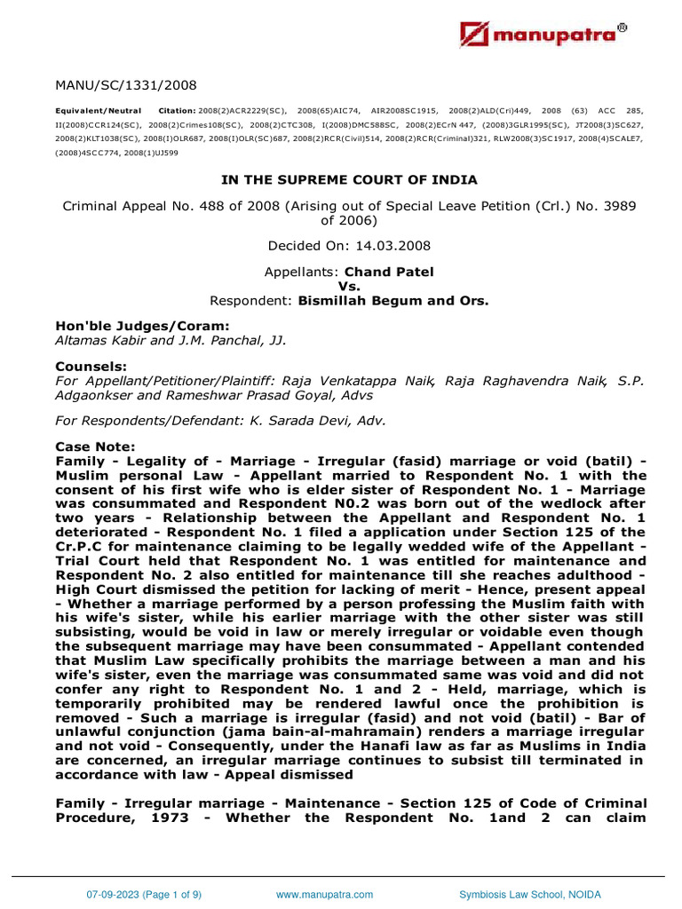 Chand Patel Vs Bismillah Begum and Ors 14032008 Ss080441COM712546 | PDF