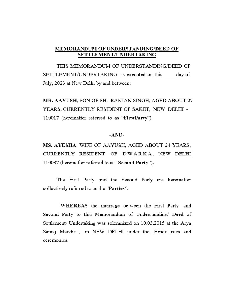 Settlement Deed | PDF | Divorce | Marriage