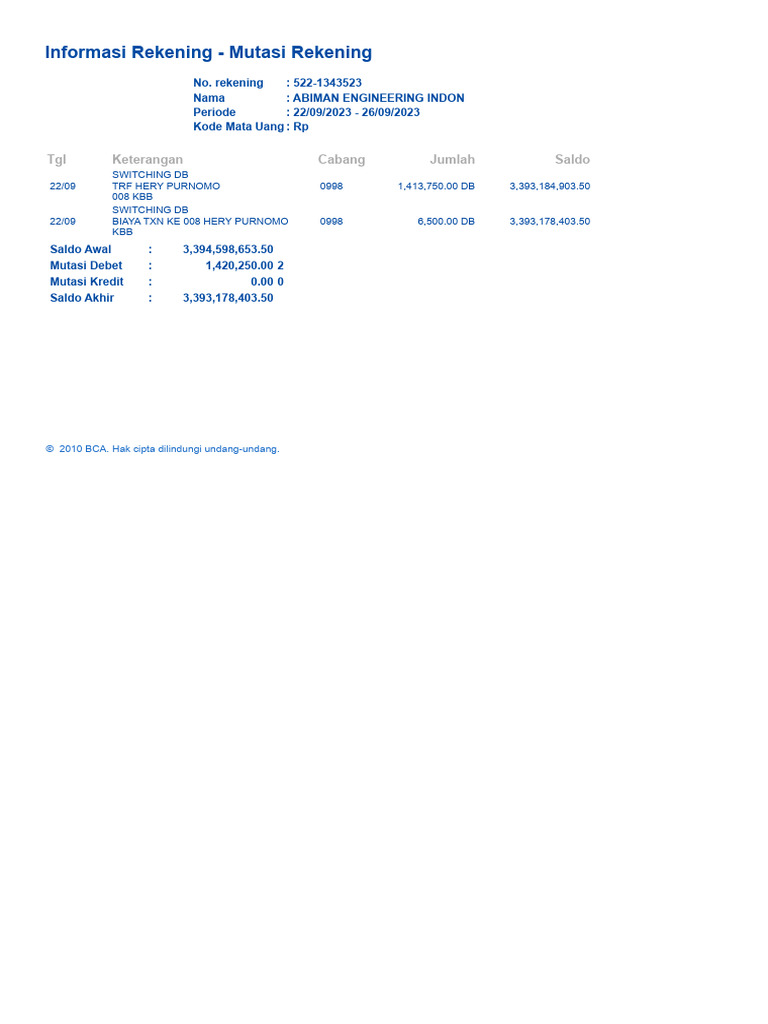 Bank Statement Bca Idr PT Aei - 20230926 | PDF