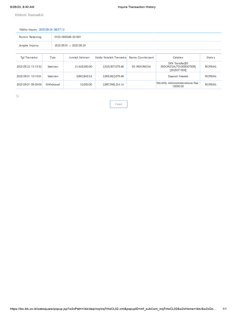 Bank Statement Ibk Idr PT Aei - 20230926 | PDF