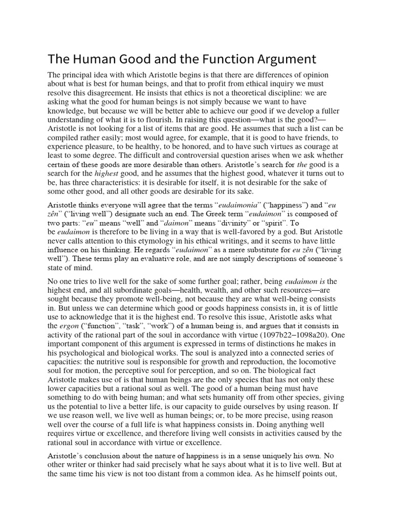 The Human Good and The Function Argument | PDF | Virtue | Aristotle