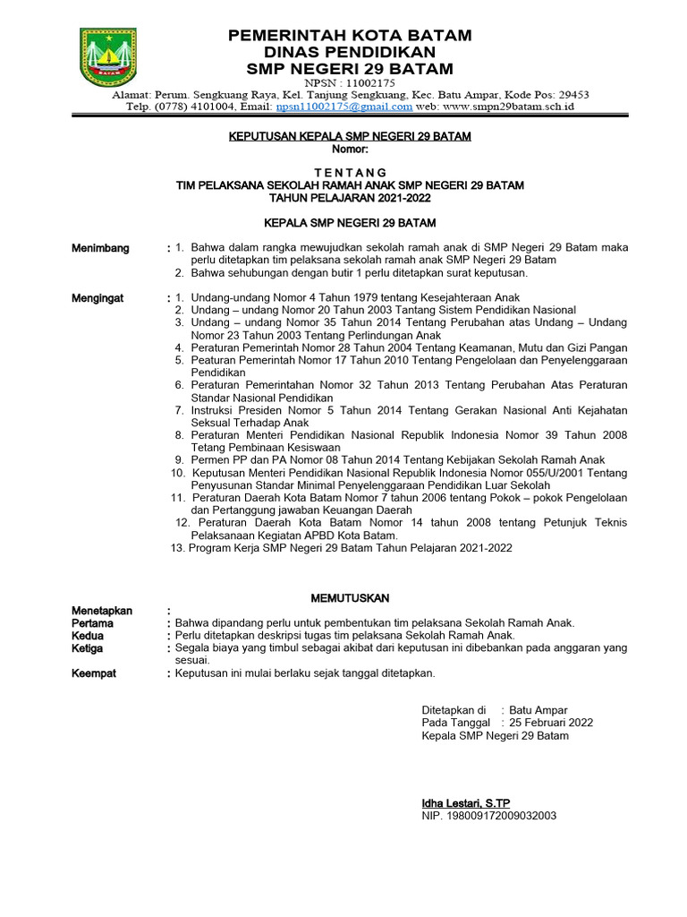 Tim Sekolah Ramah Anak SMP 29 Batam | PDF | Bisnis | Ilmu Sosial