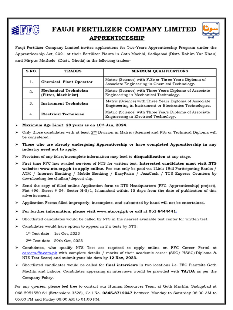 Advertisement of FFC Apprenticeship-Winter 2023 | PDF | Technology ...