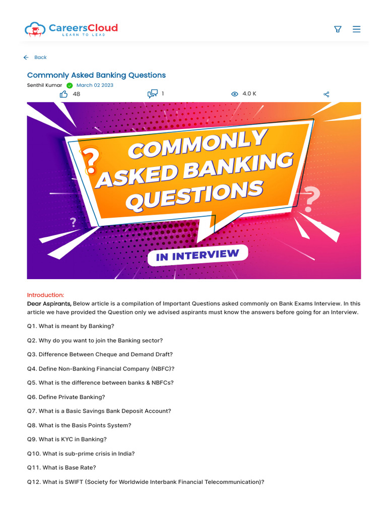 Commonly Asked Banking Questions: Senthil Kumar | PDF