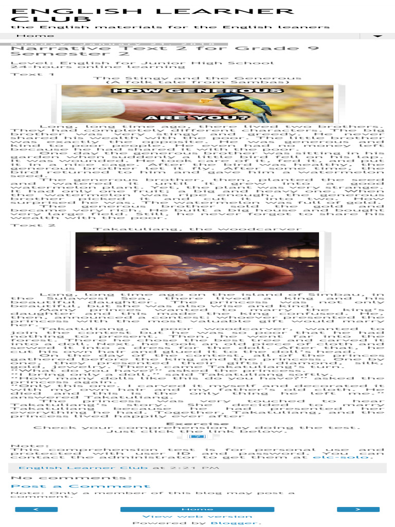 ENGLISH LEARNER CLUB Narrative Text 2 For Grade 9 Semester 2 | PDF | Blog