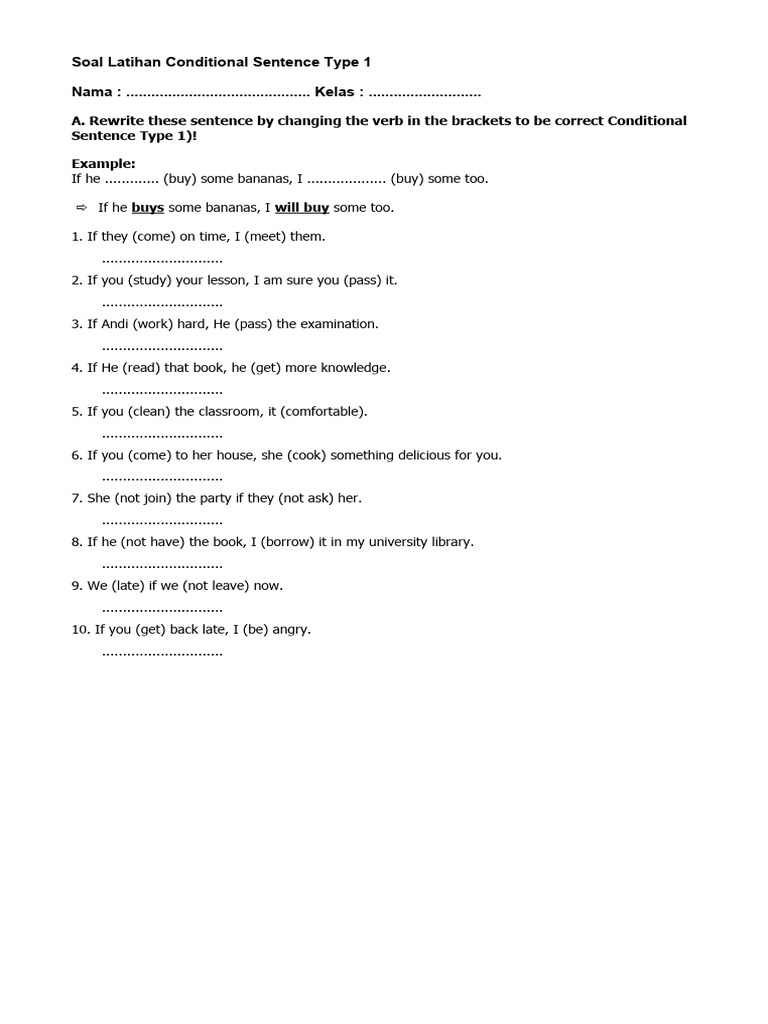 Tugas Latihan Conditional Sentence Type 1 10 Soal | PDF