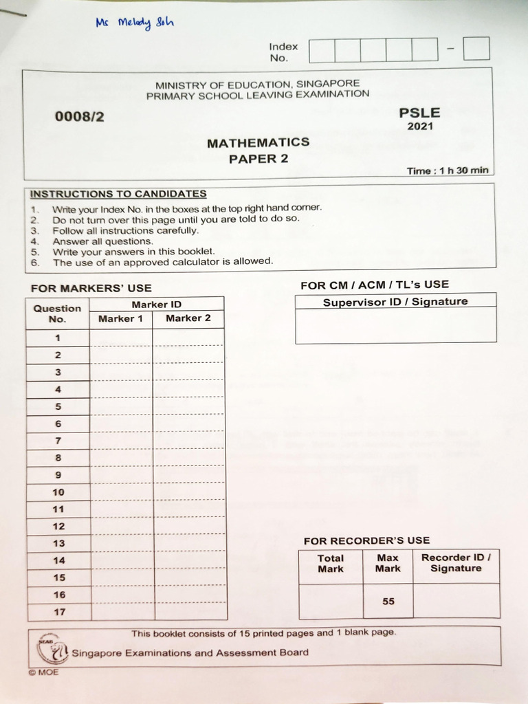 PSLE 2021 Math Paper 2 Ans Key | PDF