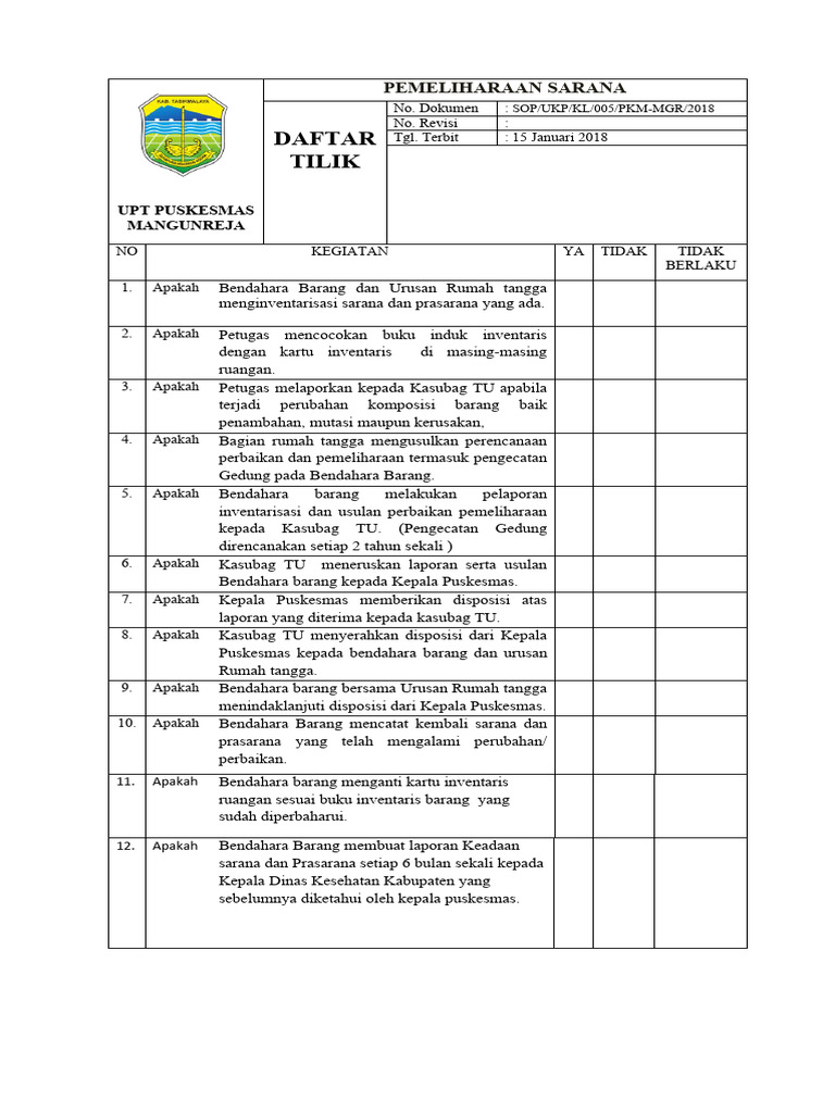 Daftar Tilik Pemeliharaan Sarana | PDF