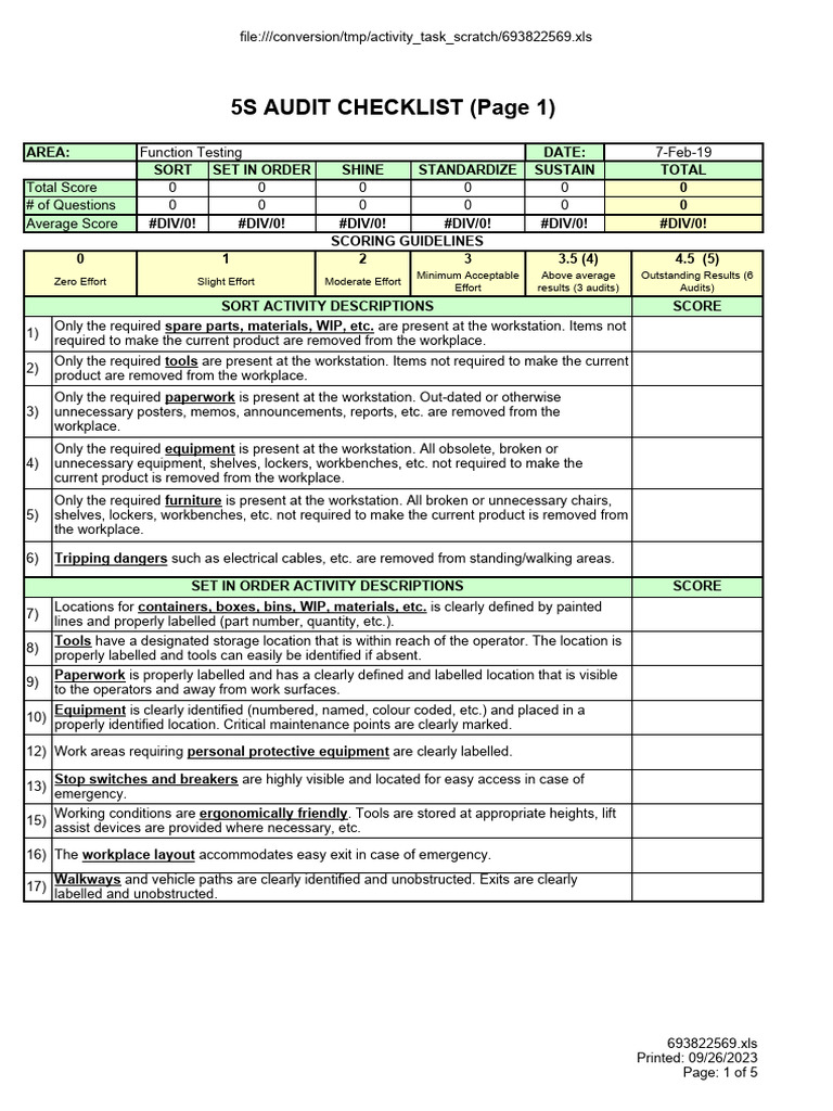 5S Audit Checklist Master | PDF