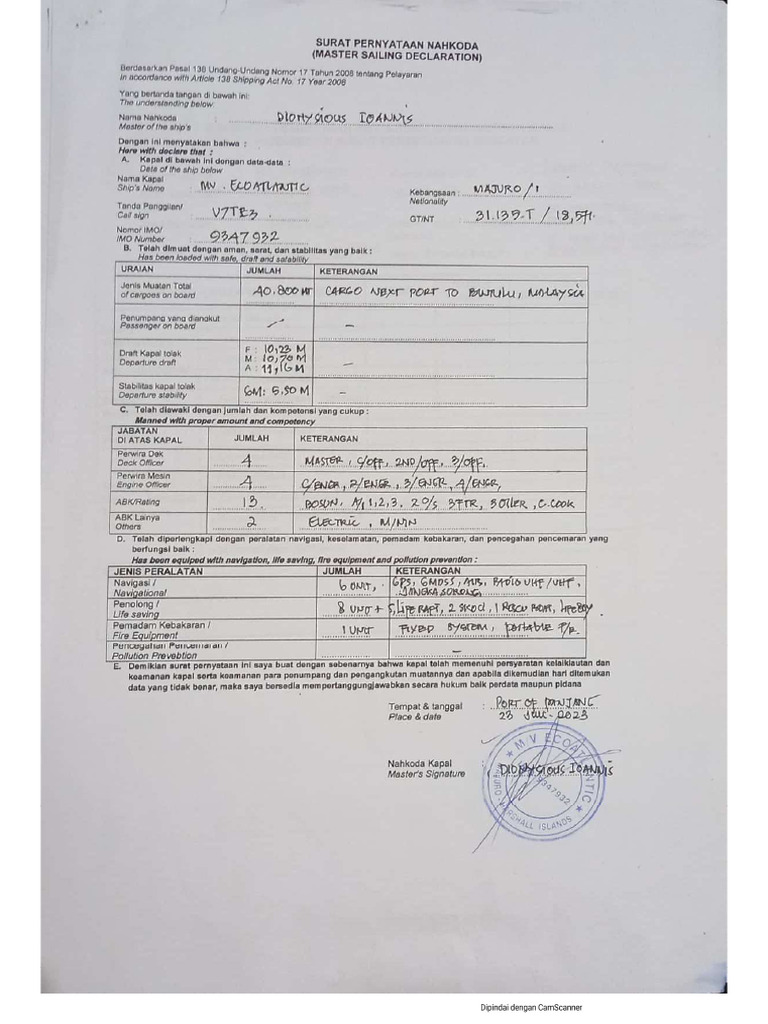 Master Sailing Declaration Ecoatlantic | PDF