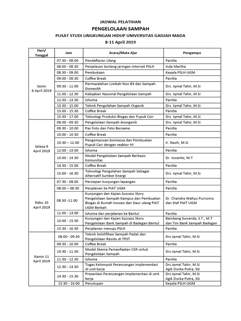 Jadwal Workshop Pengelolaan Sampah 8-11 April 2019 | PDF
