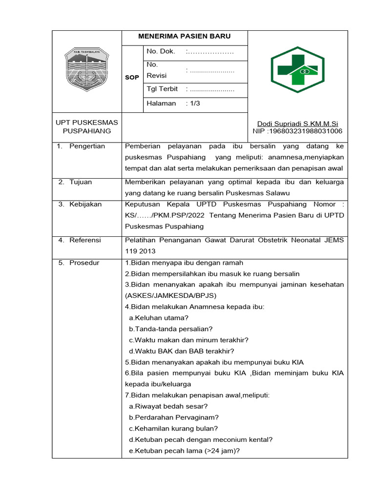 Sop Menerima Pasien Baru | PDF