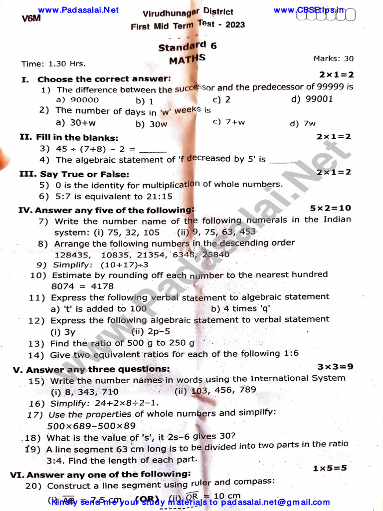 6th Maths EM 1st Mid Term Exam 2023 Original Question Paper ... 6th Maths EM 1st Mid Term Exam 2023 Original Question Paper ...