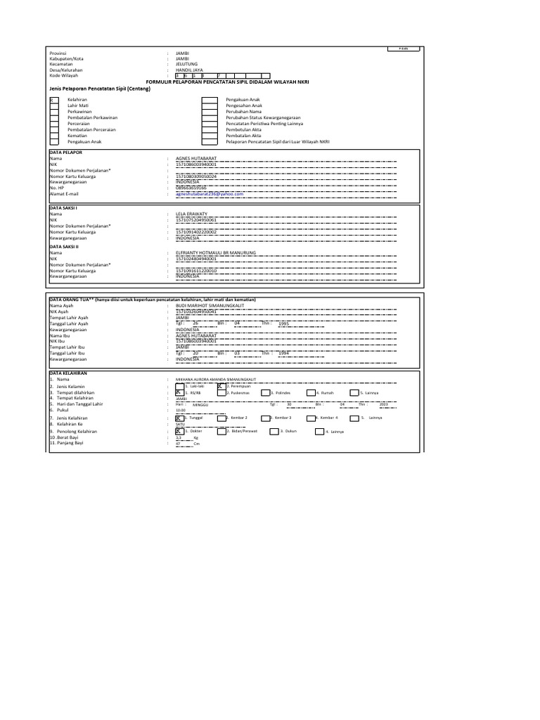 F-2.01 - Formulir Pelaporan Pencatatan Sipil DiDalam Wilayah NKRI | PDF
